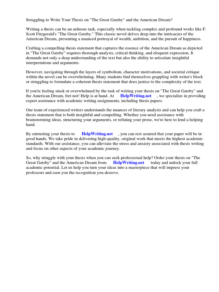 The Great Gatsby Thesis Statement American Dream | Download Free PDF ...