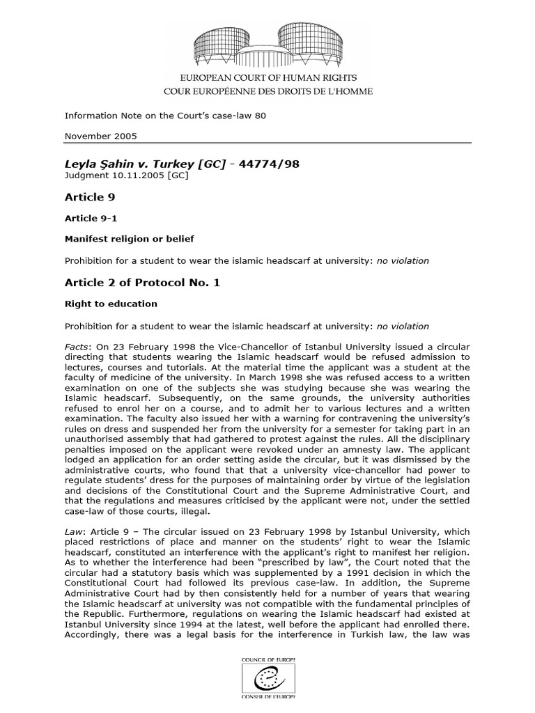Leyla Şahin v. Turkey (GC) - 44774/98: Article 9 | PDF | Justice | Crime & Violence