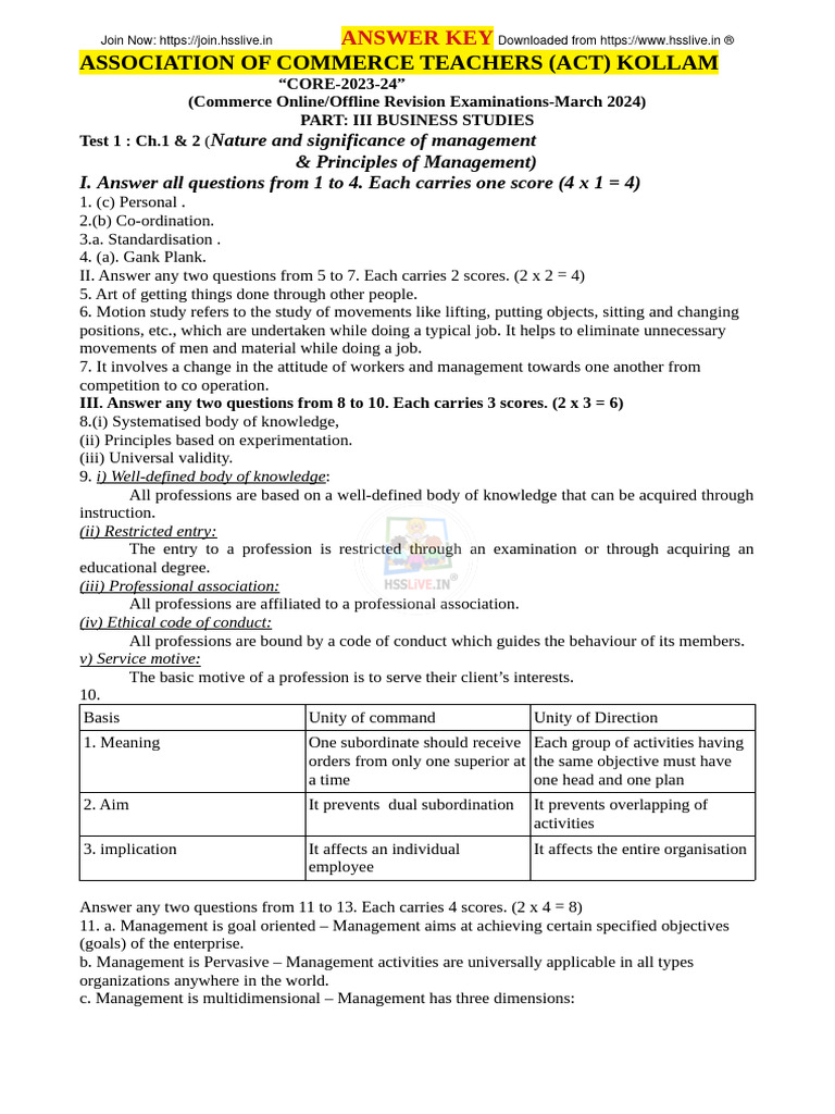 Hsslive Xii Bs CH 1 2 Act Test Key | PDF | Human Resources | Goal