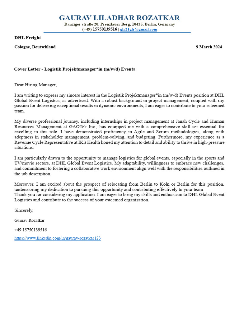 Cover Letter/ Motivation in DHL | PDF