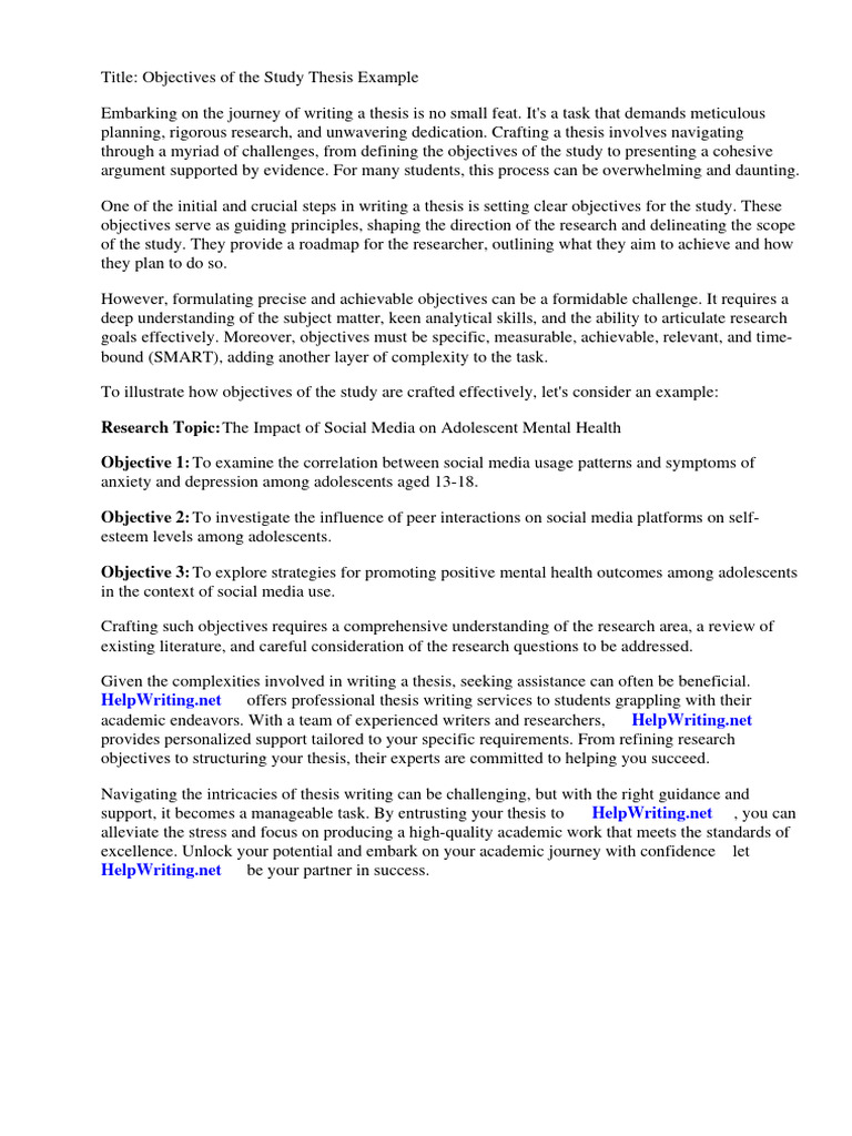 Objectives of The Study Thesis Example | PDF | Methodology | Thesis