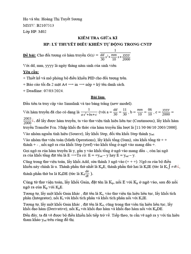 Giữa Kỳ Lý Thuyết Điều Khiển Tự Động Trong CNTP | PDF