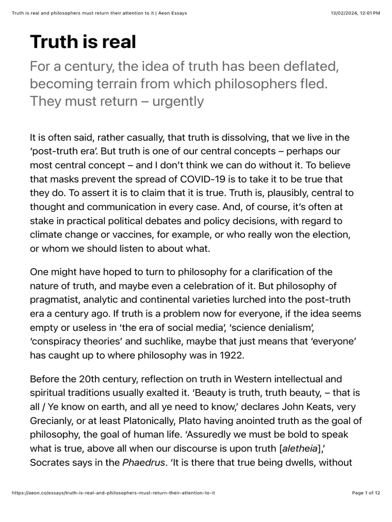Truth Is Real and Philosophers Must Return Their Attention To It - Aeon ...