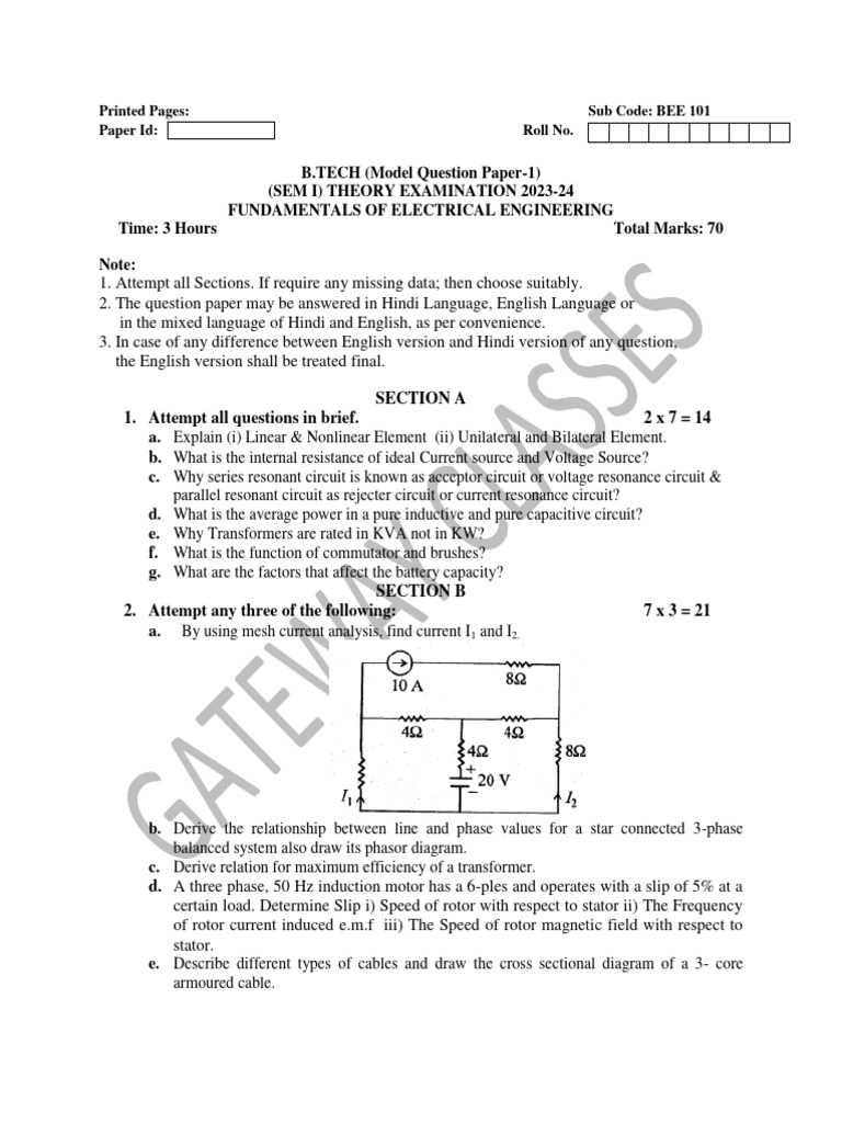 BEE Model Papers (TWO) | PDF