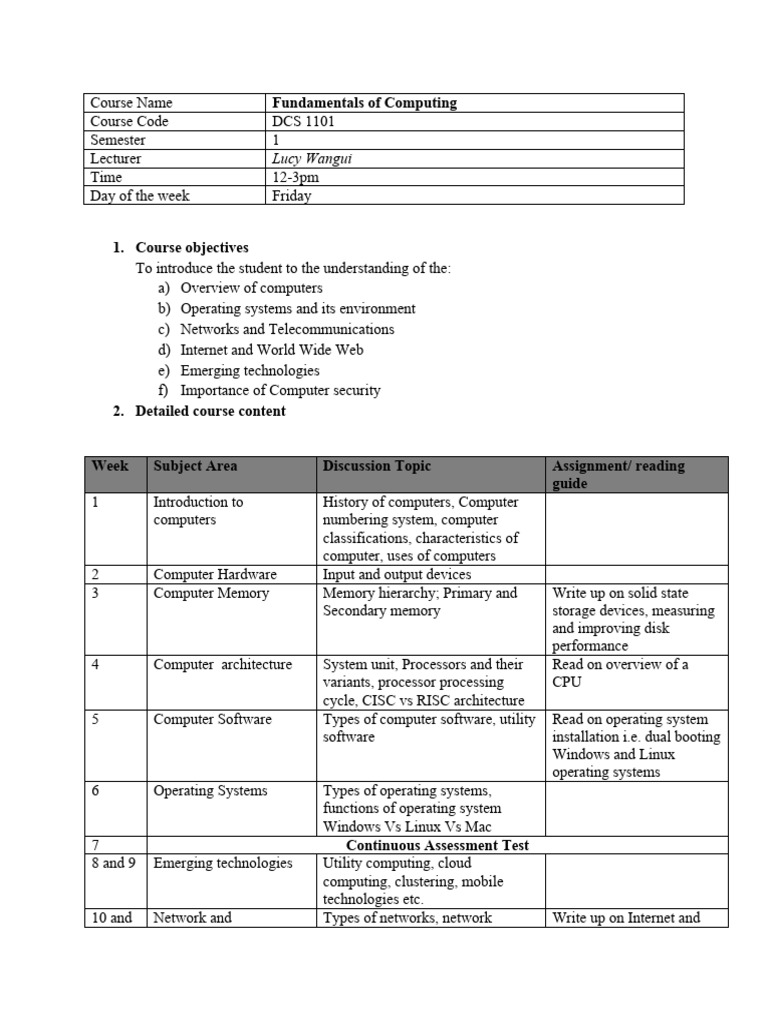 DCS 1101 Course Outline | PDF | Operating System | Computer Data Storage