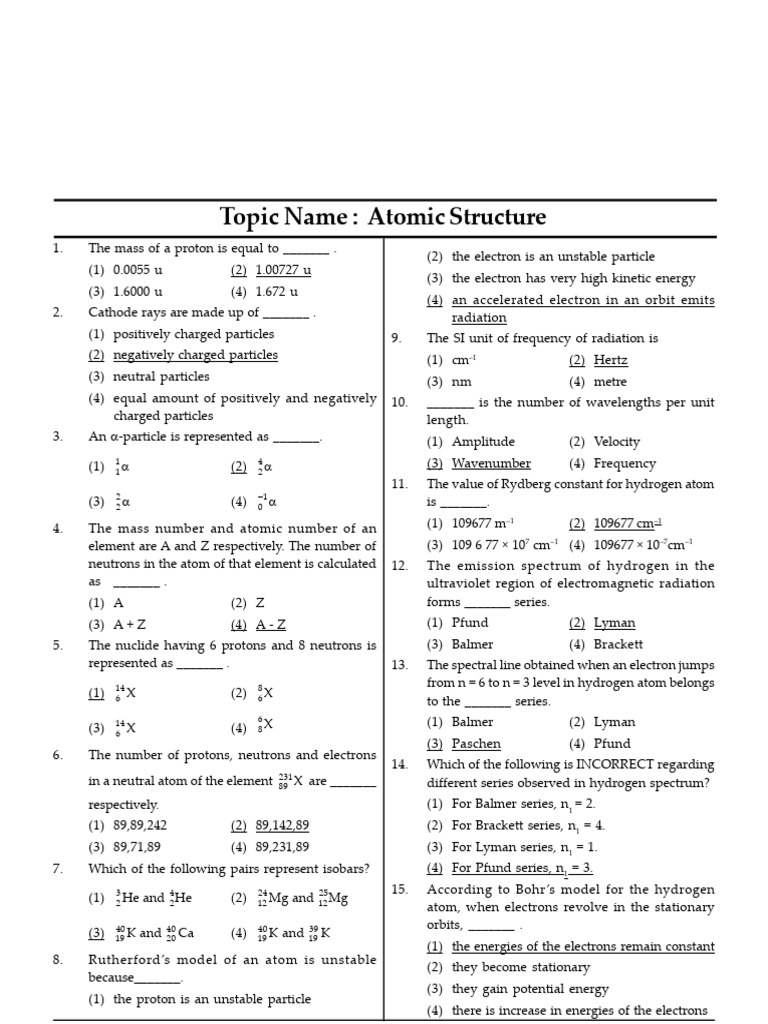 Structure of Atom Answer Key | PDF