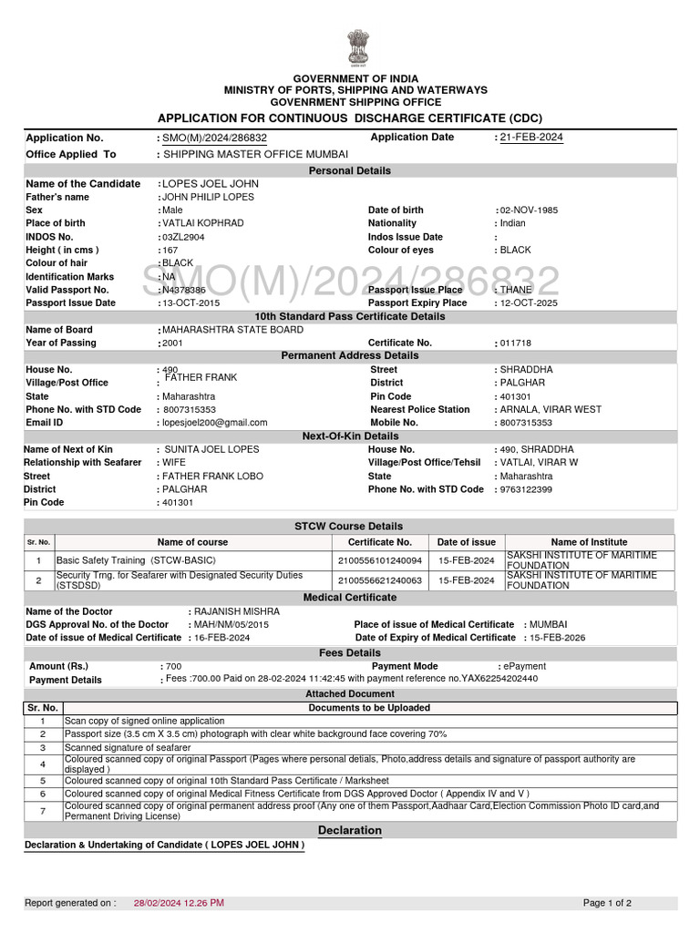 Application for Indian CDC in Mumbai | PDF | Identity Document ...