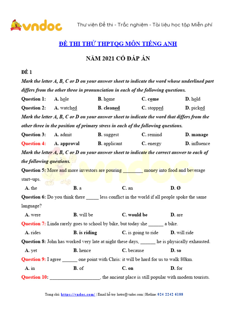 15 de Thi Thu Tot Nghiep THPT Tieng Anh 2021 Co Dap An | PDF | News | Rose