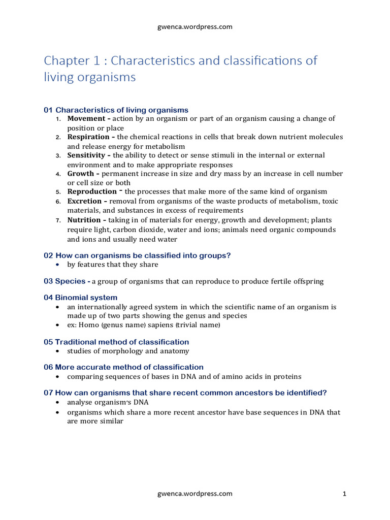 01 Characteristics and Classificatiions of Living Organisms 5 | PDF