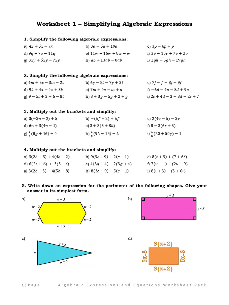 Algebraic Expressions and Equations - Worksheets Pack | Download Free ...