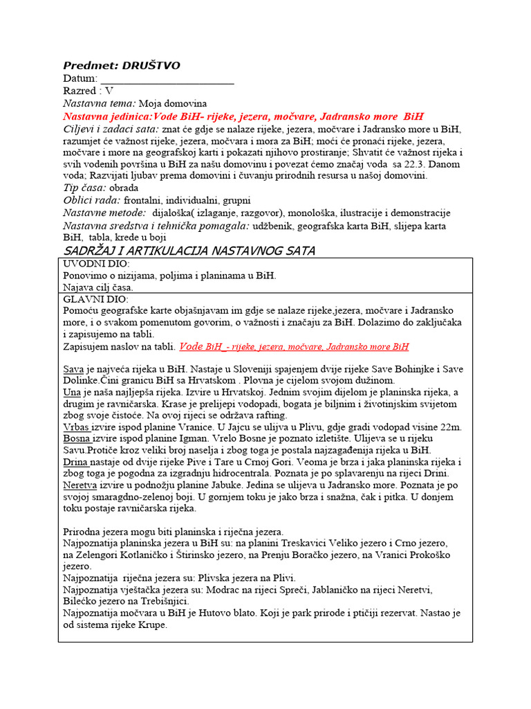 Vode Bih - Rijeke, Jezera, Močvare I Jadransko More-Obrada | PDF