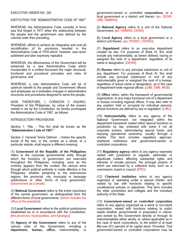 Administrative Code of 1987 Overview | PDF | Law