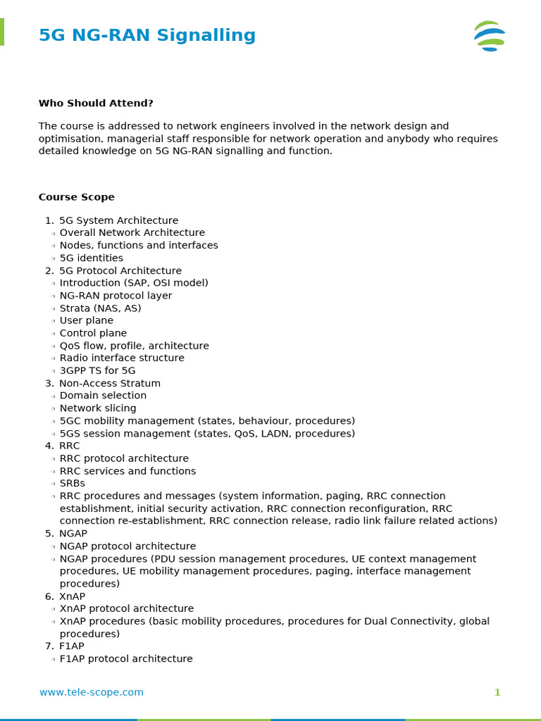 5g NG Ran Signalling Training Course | PDF | Computer Network | Telecommunications