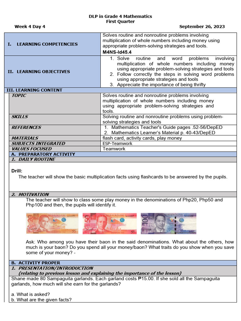 EVARDOME - DLP CO1 Math 4 Q1 W4 D4 | PDF | Flashcard | Learning