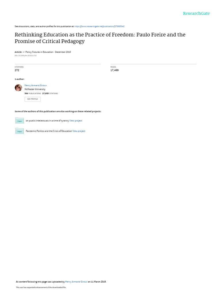Critical Pedagogy by Freire | PDF | Pedagogy | Critical Thinking