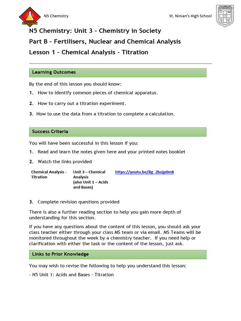 N5 Chemistry: Titration Lesson Guide | PDF | Teaching Methods ...