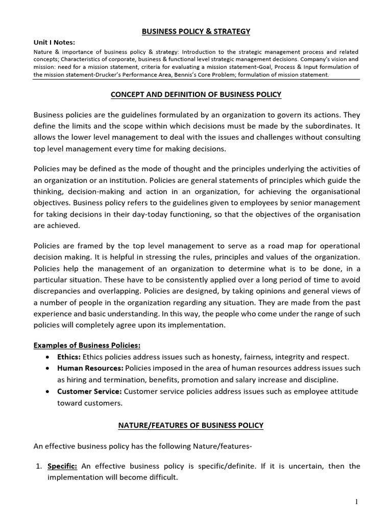 Unit I Notes Business Policy | PDF | Strategic Management | Goal