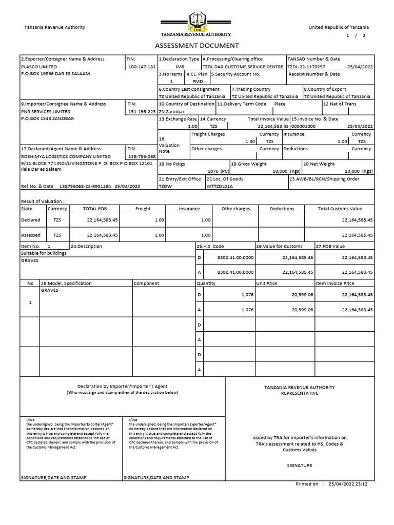 Tanzania Customs Assessment Document | PDF
