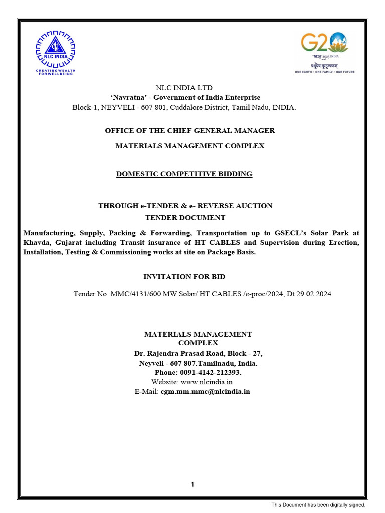 HT Cables Tender for 600 MW Solar Project | PDF