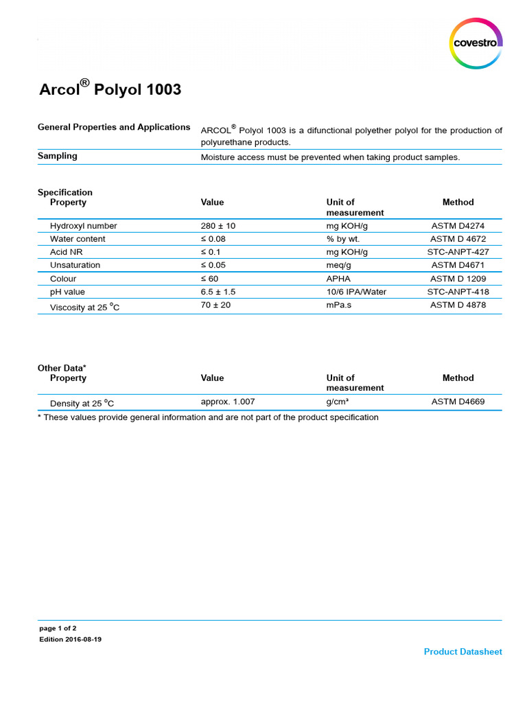 Arcol Polyol 1003 - en - 05557291 13603857 13603859 | PDF | Medical Device