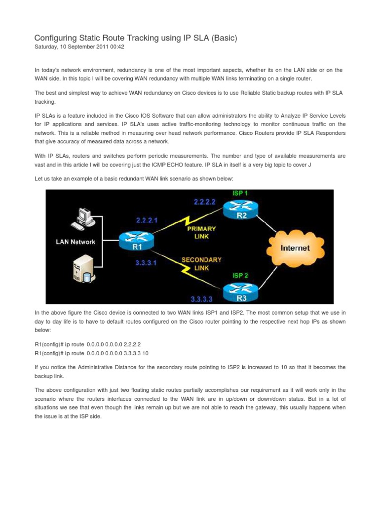 Static Route Tracking Using Ip Sla Pdf Internet Protocols Router Computing
