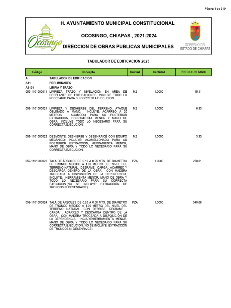 Tabulador Ocosingo Edificacion 2023 Ok-3 | PDF | Hormigón | Ingeniero civil