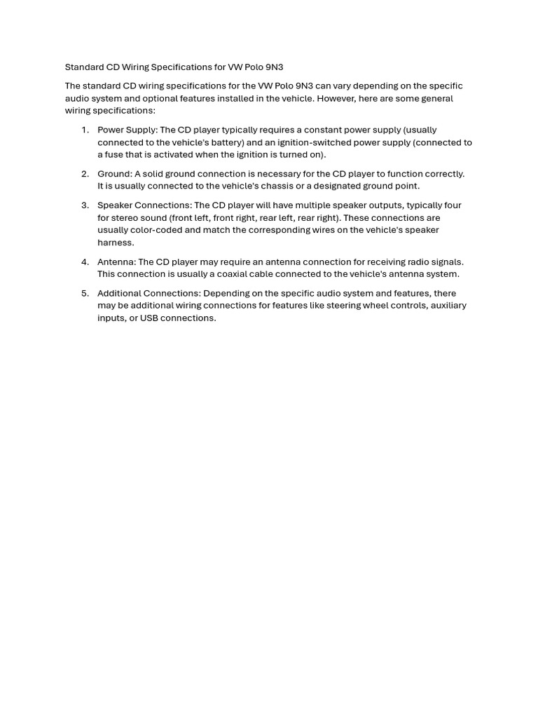 Standard CD Wiring Specifications For VW Polo 9N3 | PDF