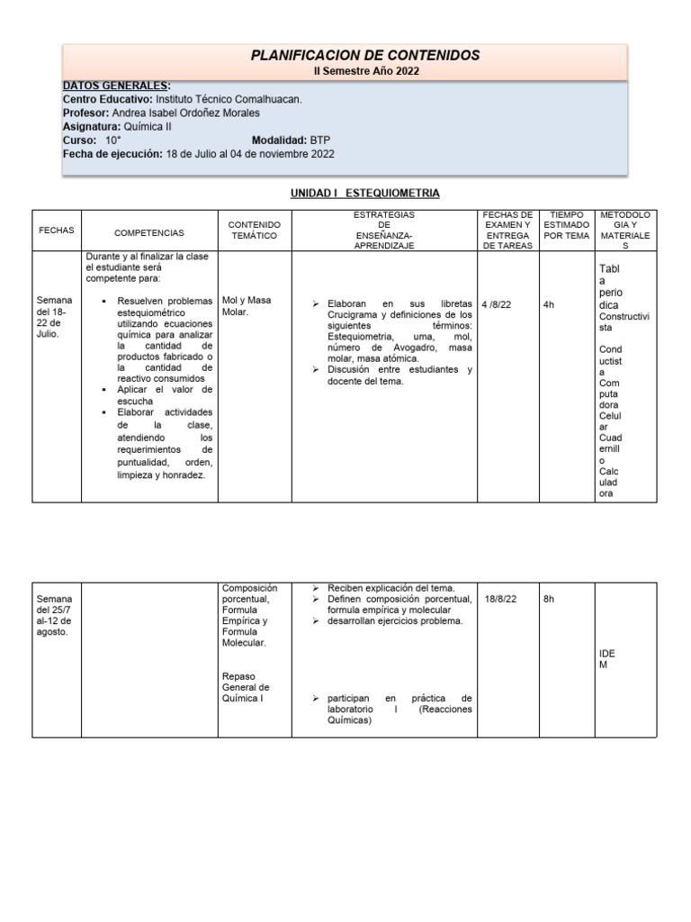 Planinificacion BIO, FIS, QQ II Semetre 2019 | PDF | Estequiometría ...