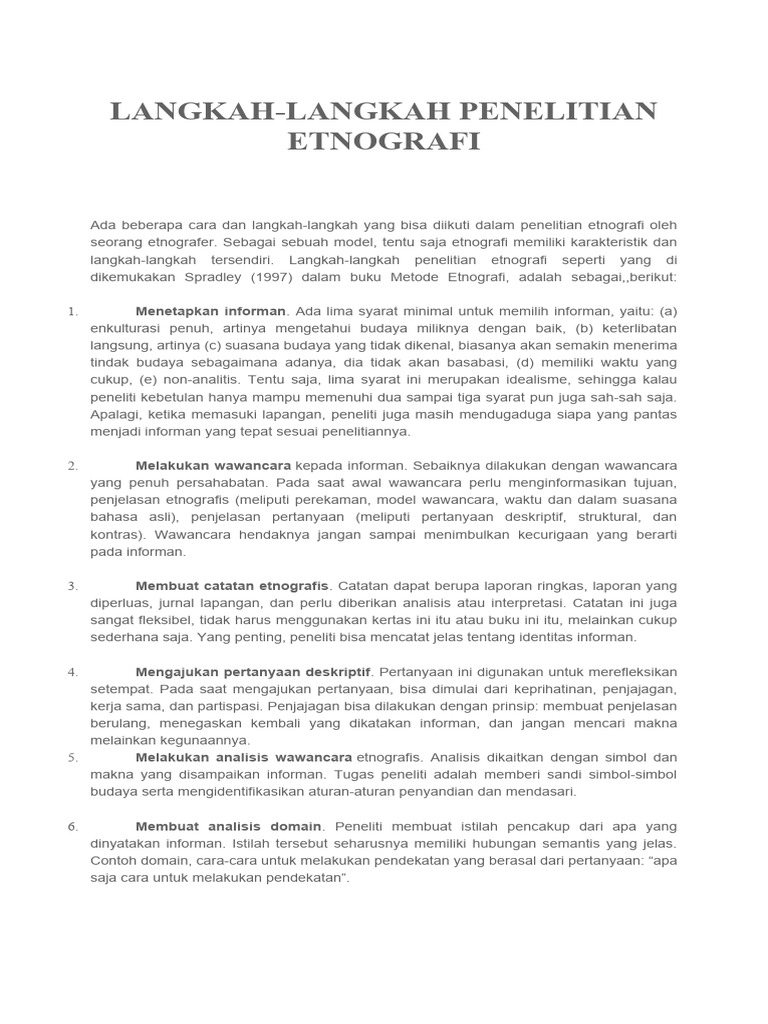 Langkah-langkah Penelitian Etnografi | PDF