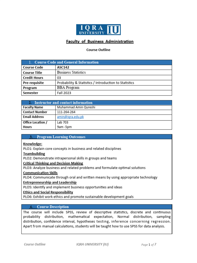 Business Statistics Course Outline | PDF | Probability Distribution | Statistics