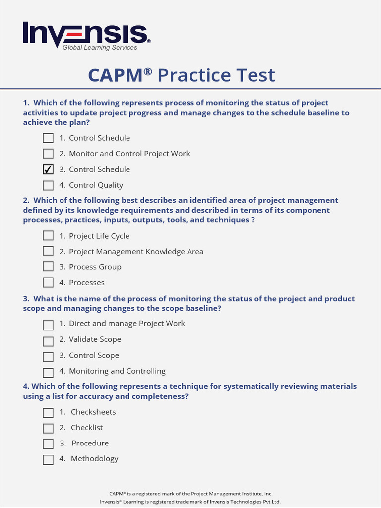 CAPM Exam Example Questions | PDF | Project Management | Risk