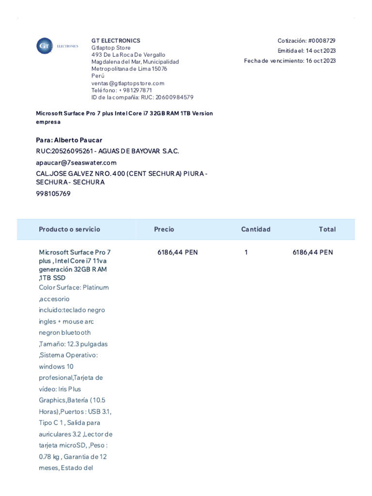 Cotización Microsoft Surface Pro 7 | PDF | Microsoft | Informática
