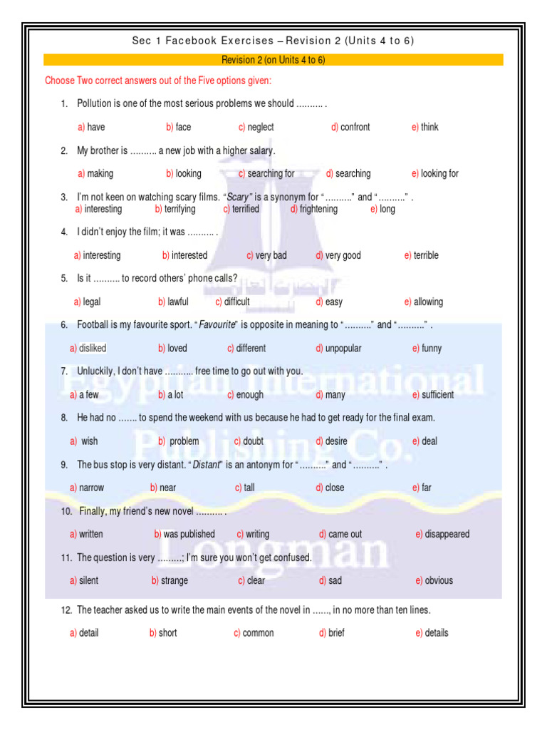 Sec One Revision 2 Exercises (Units 4 To 6) | PDF