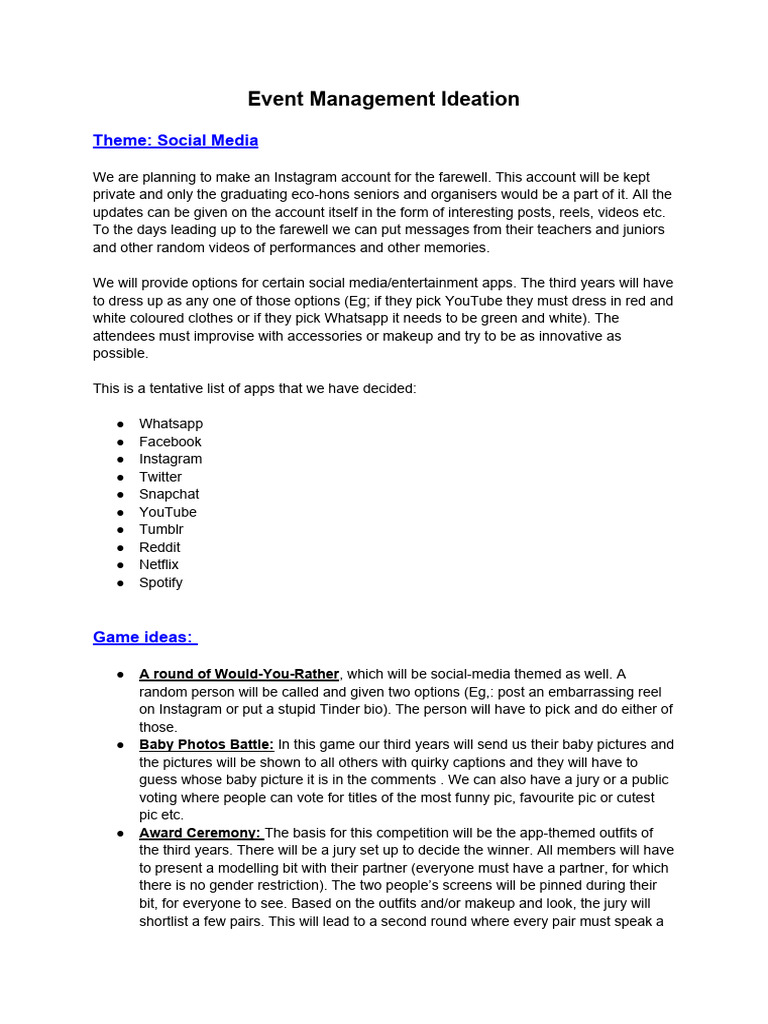 Event Management Ideation | PDF | Popular Culture & Media Studies ...