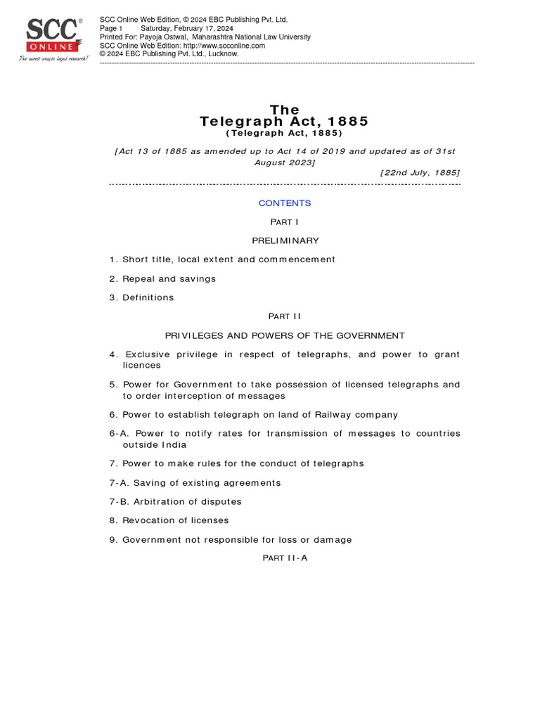 Telegraph Act, 1885 | PDF | License | Radio