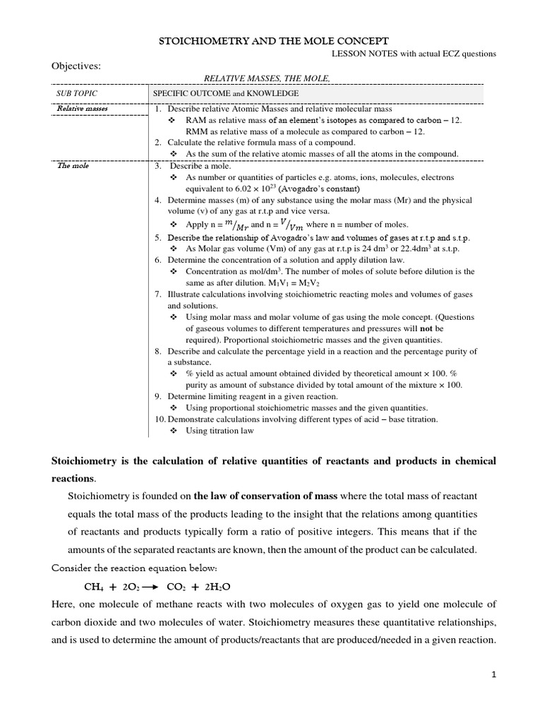Stoichiometry and Mole Concept Notes | PDF | Stoichiometry | Mole (Unit)
