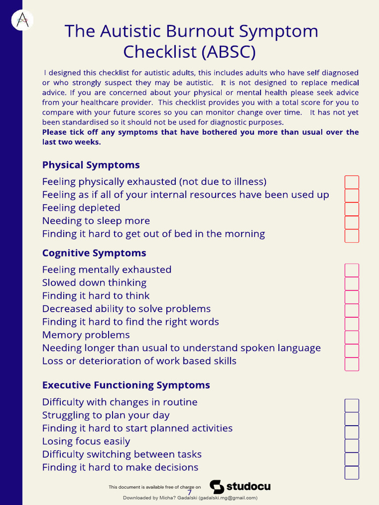 The Autistic Burnout Symptom Checklist | PDF