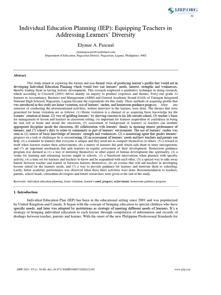 Addressing Learners' Diversity: Individual Education Planning (IEP ...