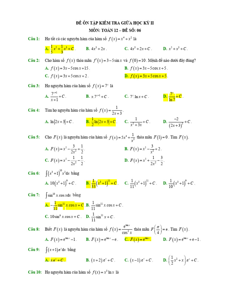 10-De6 - On-Tap-Kiem-Tra-Giua-Hoc-Ki-2-Mon-Toan-12-100-Trac-Nghiem DE | PDF
