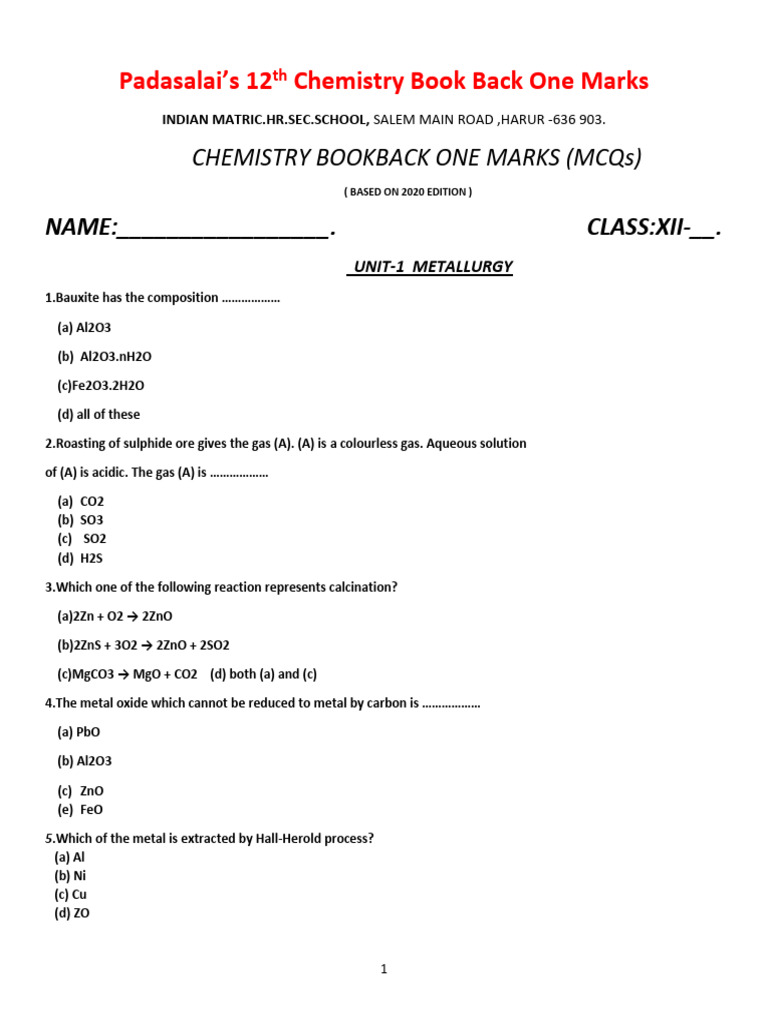 12th Chemistry Vol.1 Book Back One Mark Questions English Medium PDF Download | PDF | Zinc ...
