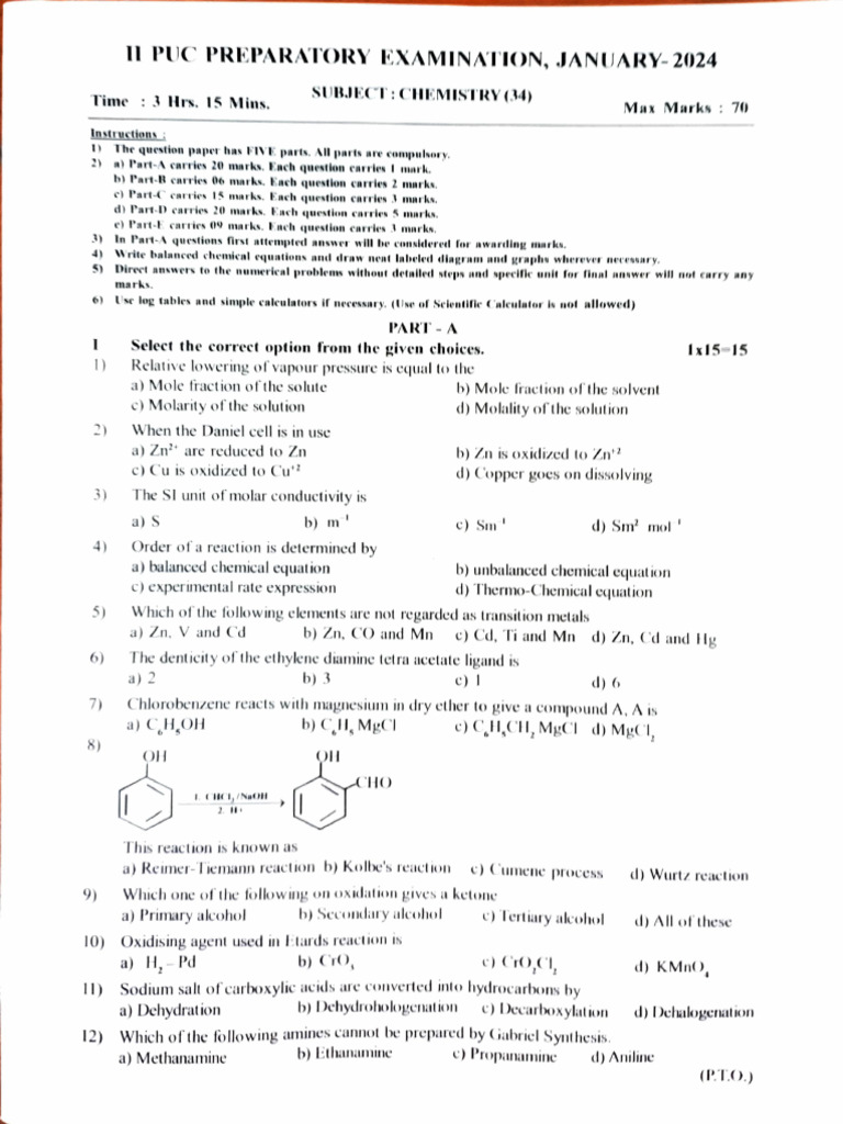 2nd Puc Chemistry Preparatory QP | PDF