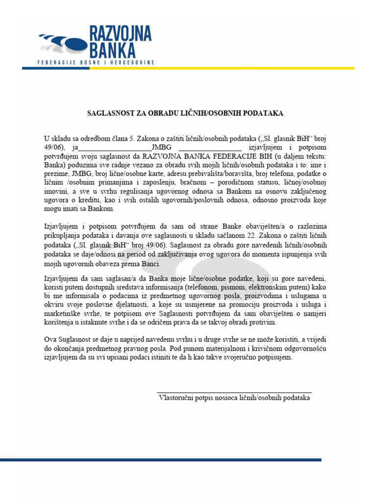 Saglasnost Za Obradu Ličnih Osobnih Podataka | PDF