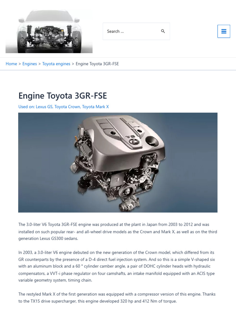 Engine Specifications For Toyota 3GR-FSE, Characteristics, Oil ...