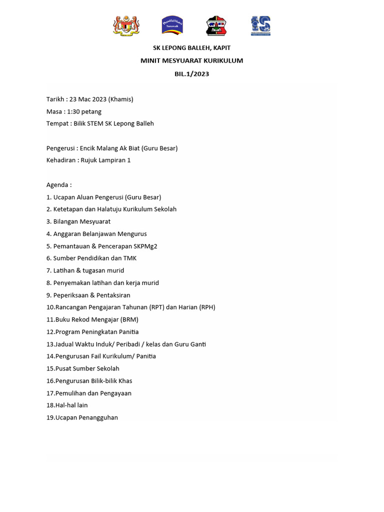 Minit Mesyuarat Kurikulum SKLB Bi.1.2023 | PDF