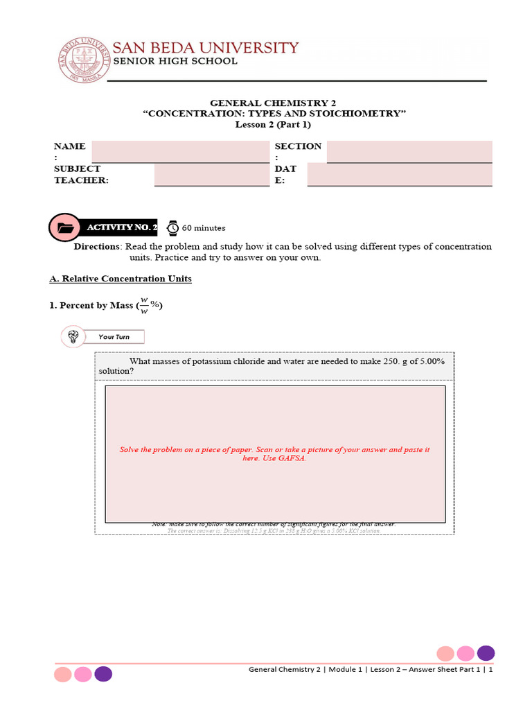 GC2 M1L2 Answer Sheet Part 1 - Concentration Units and Stoichiometry of ...