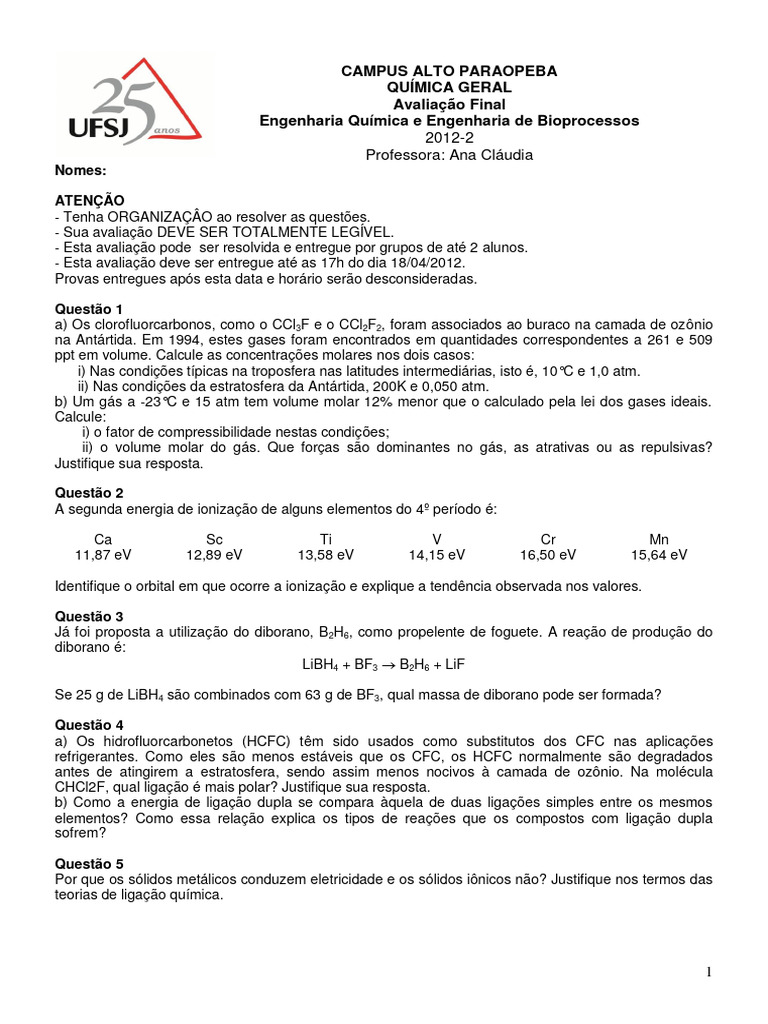 Prova De Quimica Pdf Reações Químicas Ligação Química