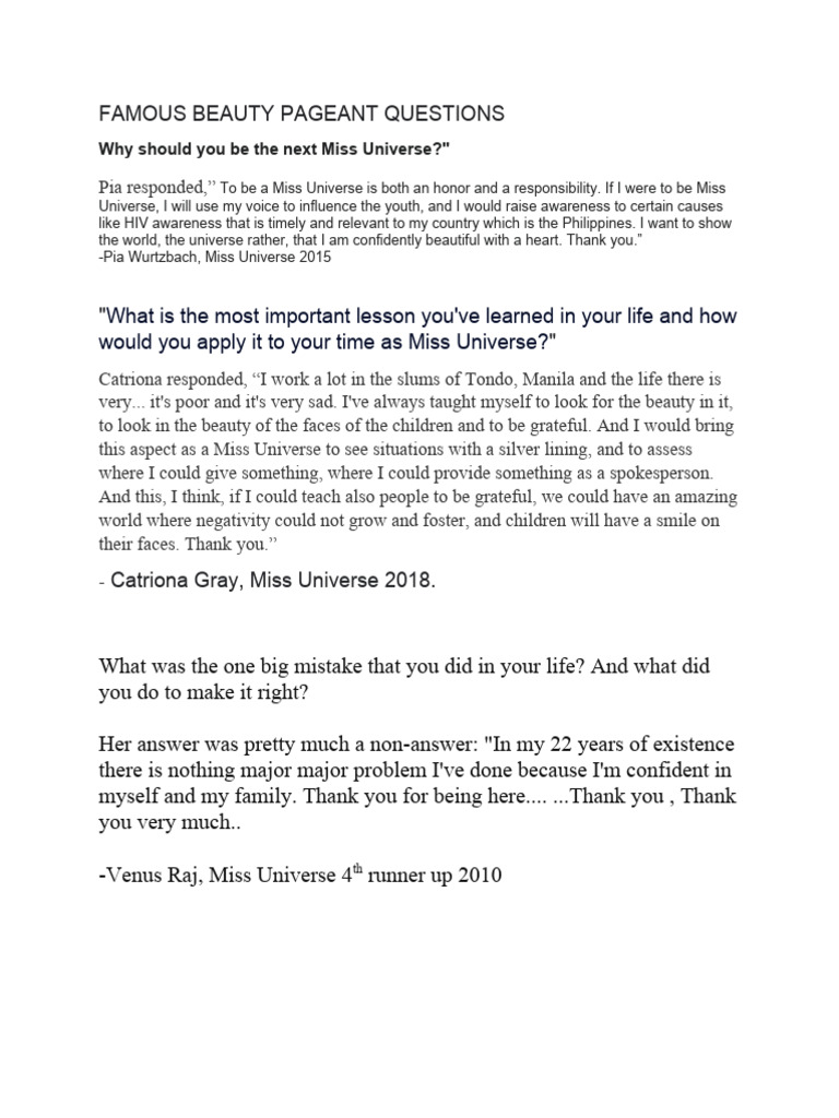 FAMOUS BEAUTY PAGEANT QUESTIONS Cot | PDF | Self-Improvement | Wellness
