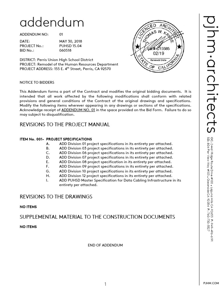 Bid 060518 - Addendum No.1 | PDF | Specification (Technical Standard) | Architect