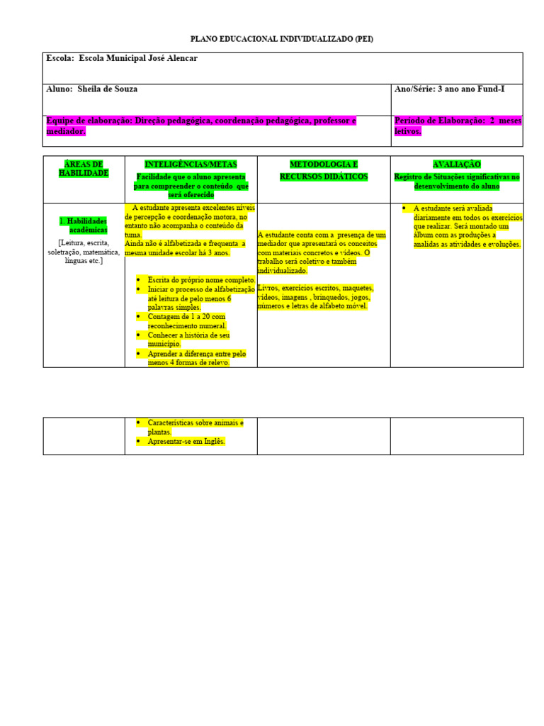 Modelo de PEI - Plano Educacional Individualizado | PDF