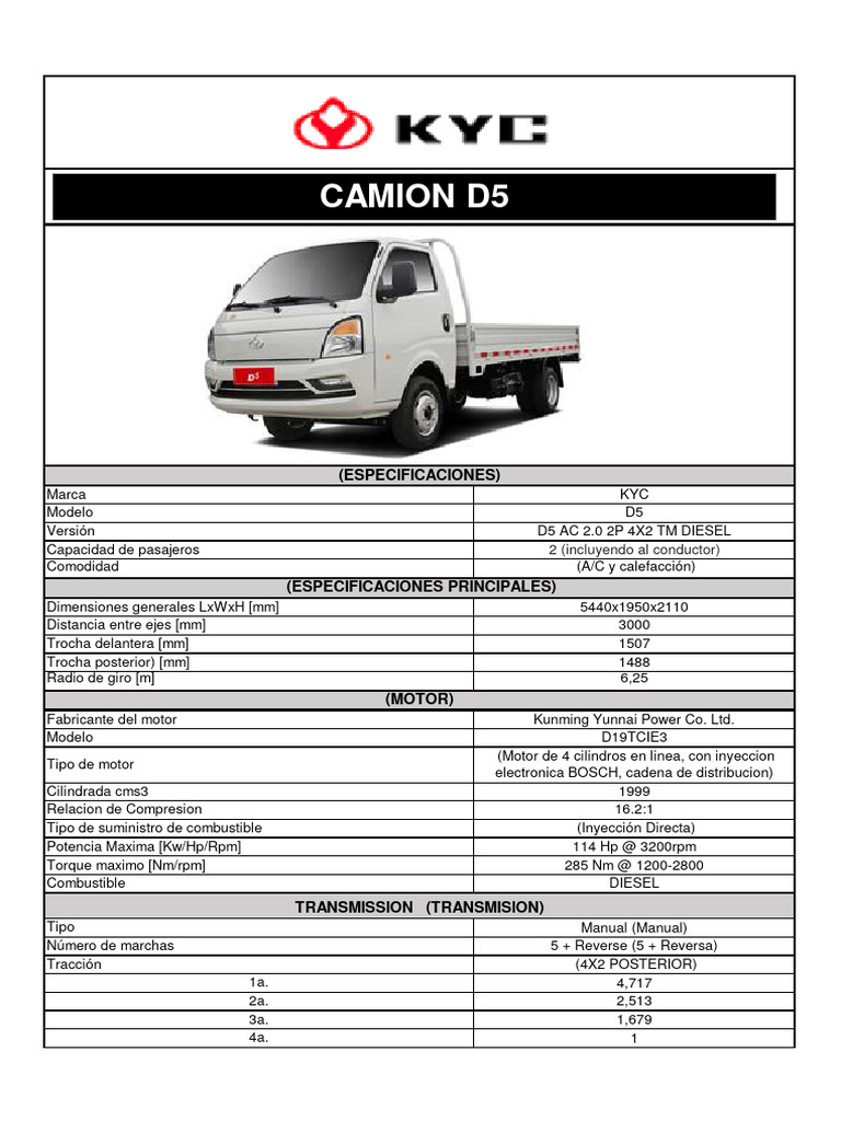 KYC D5 MINI CAMION Ficha Técnica | PDF | Camión | Vehículos de ruedas